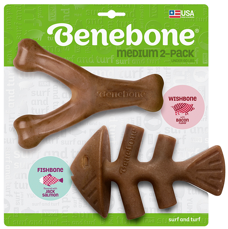Benebone Bacon Wishbone + Salmon Fishbone Medium 2-Pack Dog Chews ...